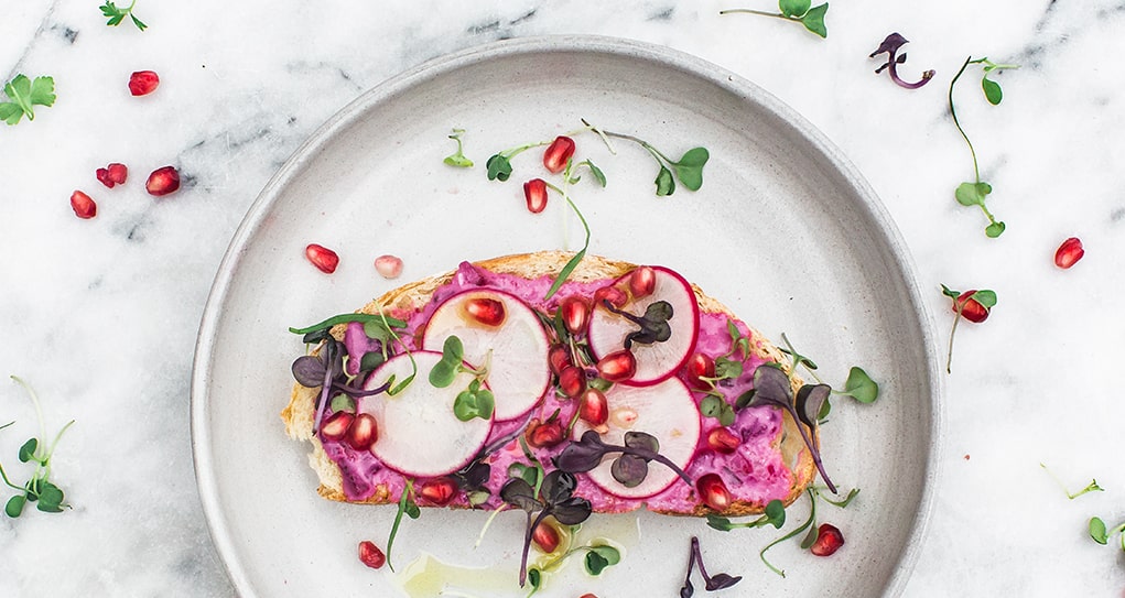 Savory Brekkie Toast with Beets and Yogurt, Radish, Micro Cilantro & P